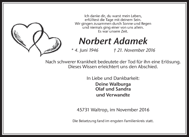 Traueranzeigen von Norbert Adamek | sich-erinnern.de