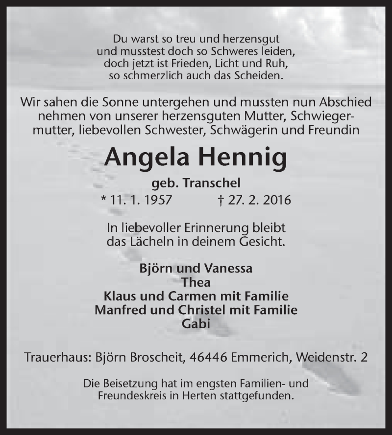 Traueranzeigen von Angela Hennig | sich-erinnern.de