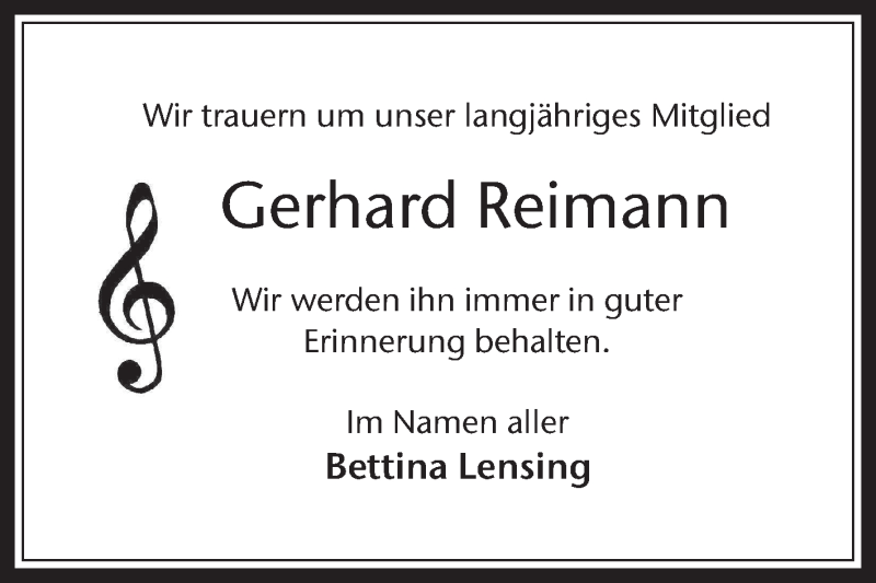 Traueranzeigen von Gerhard Reimann | sich-erinnern.de