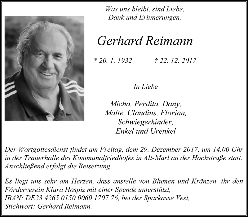 Traueranzeigen von Gerhard Reimann | sich-erinnern.de