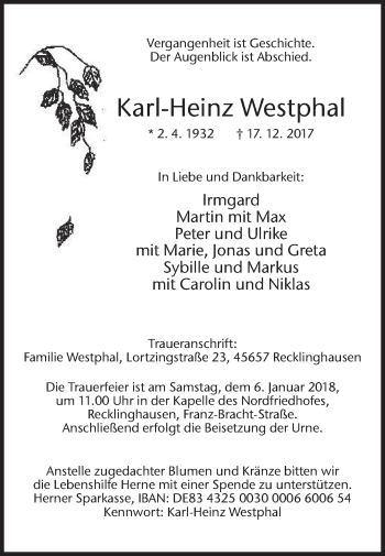 Traueranzeigen von Karl-Heinz Westphal | sich-erinnern.de