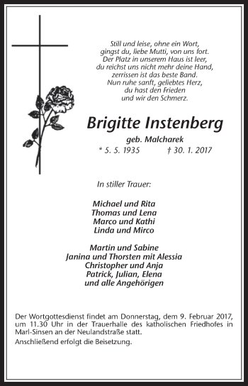 Traueranzeigen von Brigitte Instenberg | sich-erinnern.de