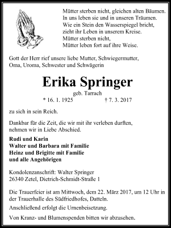 Traueranzeigen von Erika Springer | sich-erinnern.de