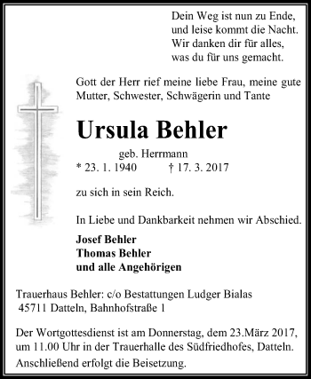 Traueranzeigen von Ursula Behler | sich-erinnern.de