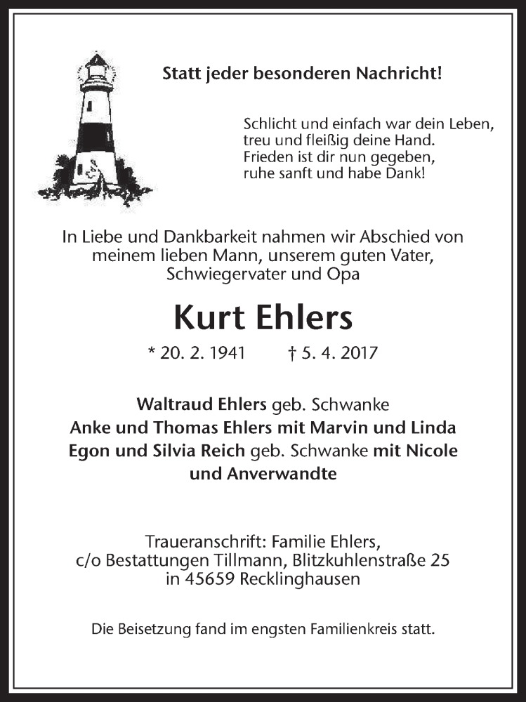 Traueranzeigen von Kurt Ehlers | sich-erinnern.de
