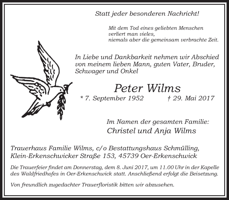 Traueranzeigen von Peter Wilms | sich-erinnern.de
