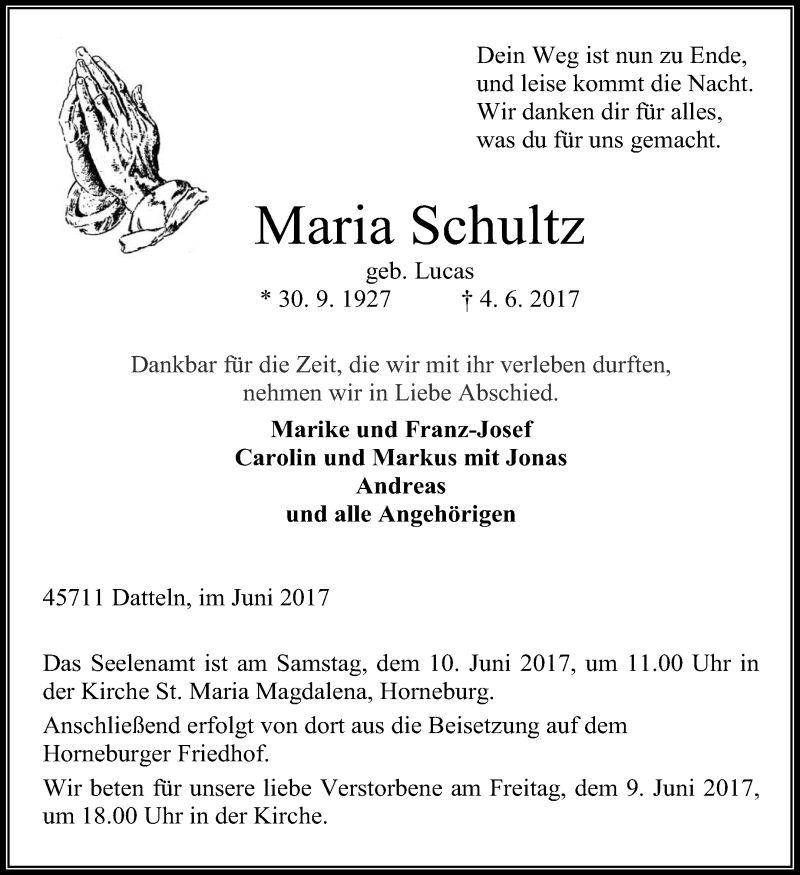 Traueranzeigen von Maria Schultz | sich-erinnern.de
