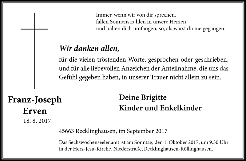 Traueranzeigen von Franz-Joseph Erven | sich-erinnern.de