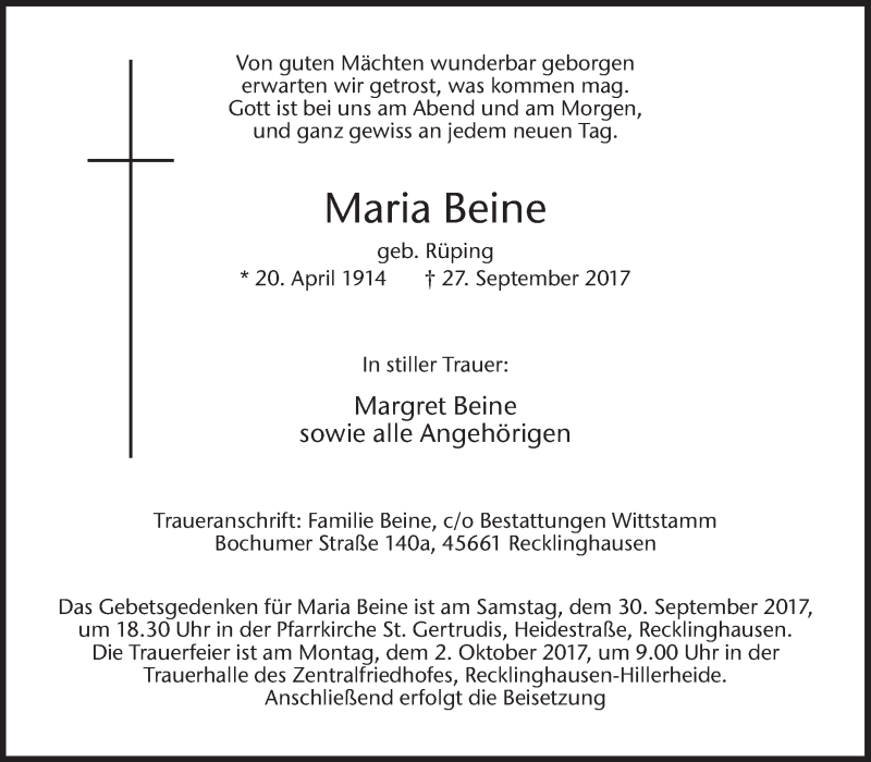 Traueranzeigen von Maria Beine | sich-erinnern.de