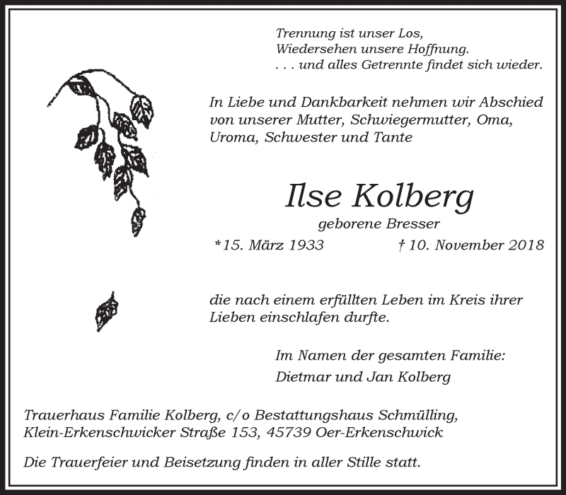 Traueranzeigen von Ilse Kolberg | sich-erinnern.de