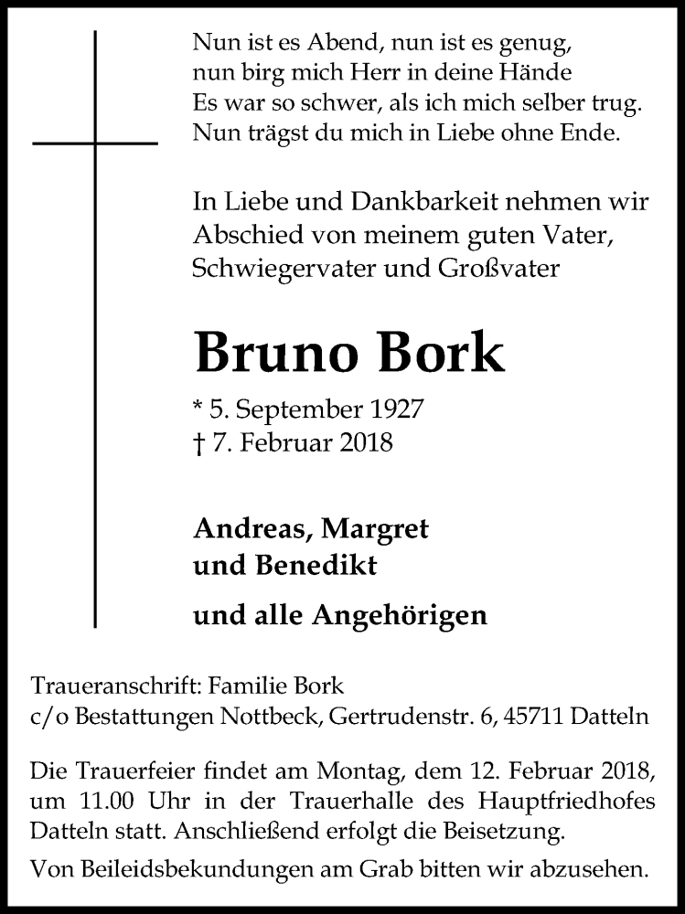 Traueranzeigen von Bruno Bork | sich-erinnern.de