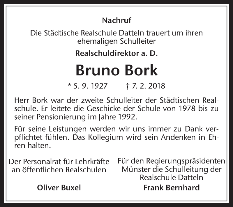 Traueranzeigen von Bruno Bork | sich-erinnern.de