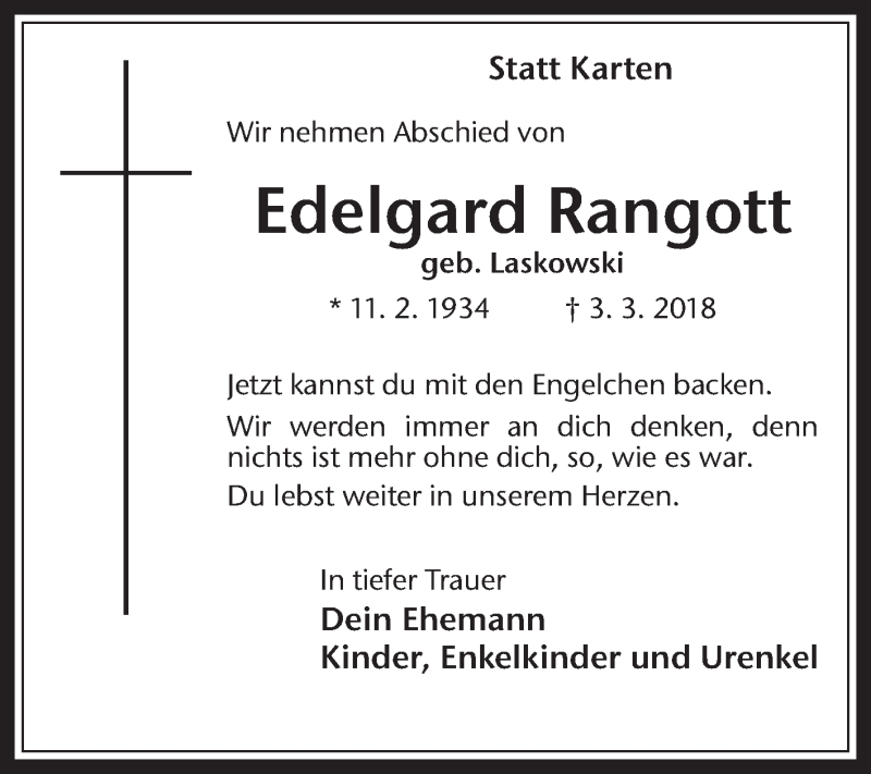 Traueranzeigen von Edelgard Rangott | sich-erinnern.de