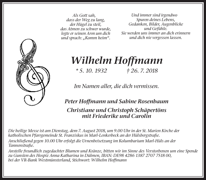 Traueranzeigen von Wilhelm Hoffmann | sich-erinnern.de