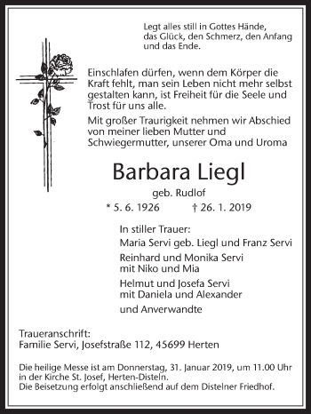 Traueranzeigen von Barbara Liegl | sich-erinnern.de