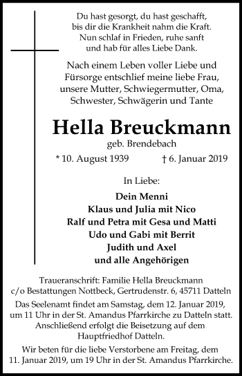 Traueranzeigen von Hella Breuckmann | sich-erinnern.de