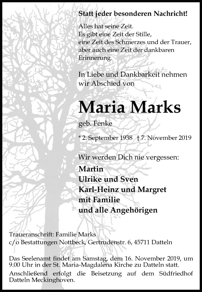 Traueranzeigen von Maria Marks | sich-erinnern.de