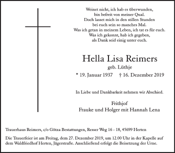 Traueranzeigen von Hella Lisa Reimers | sich-erinnern.de
