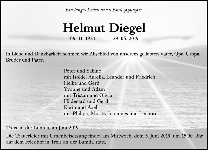 Traueranzeigen von Helmut Diegel | sich-erinnern.de