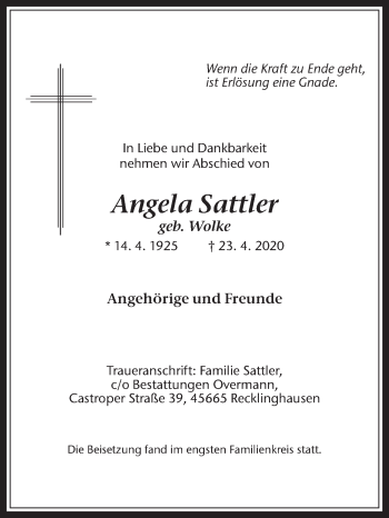 Traueranzeigen von Angela Sattler | sich-erinnern.de