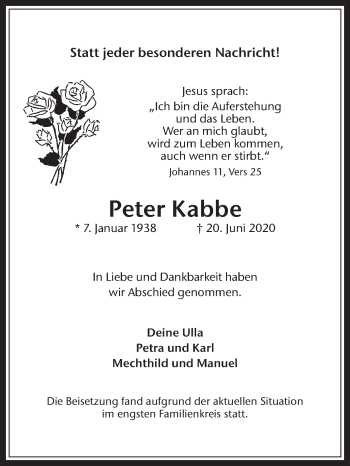 Traueranzeigen von Peter Kabbe | sich-erinnern.de