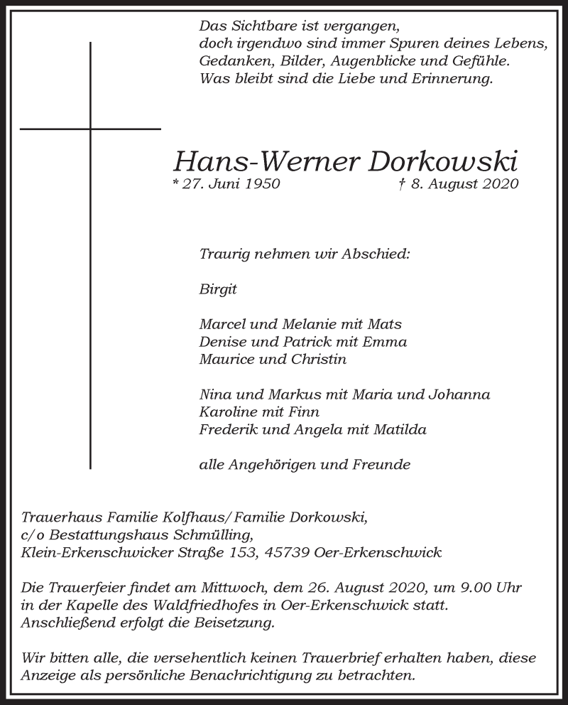 Traueranzeigen von Hans-Werner Dorkowski | sich-erinnern.de