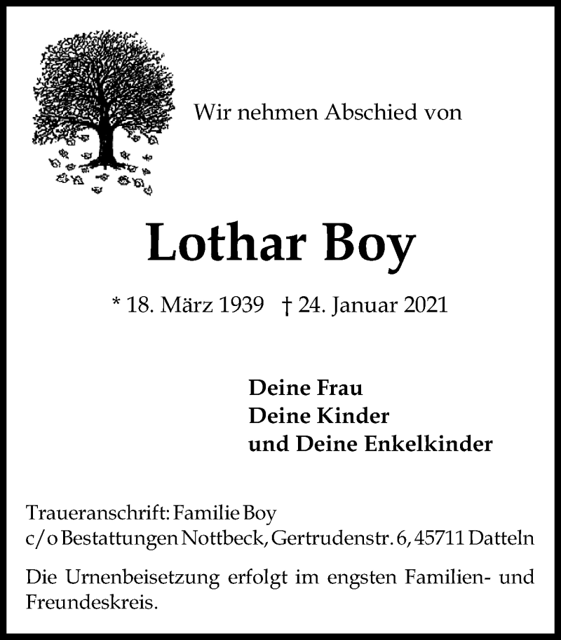 Traueranzeigen von Lothar Boy | sich-erinnern.de