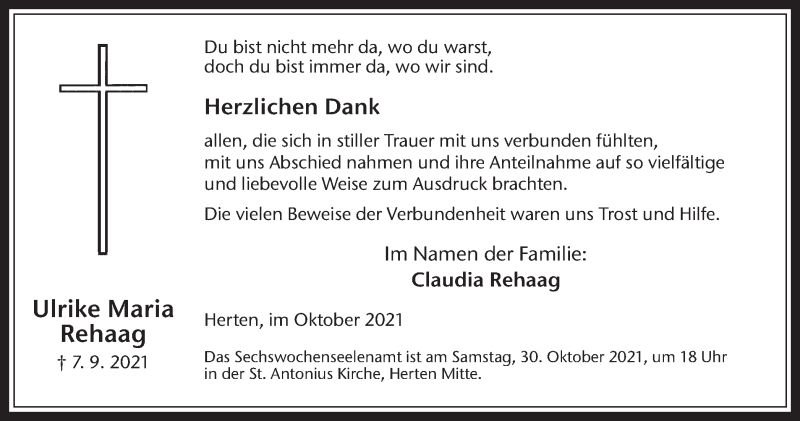 Traueranzeigen von Ulrike Maria Rehaag | sich-erinnern.de