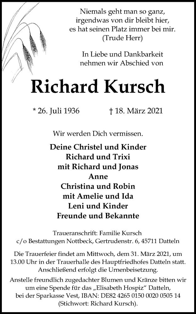 Traueranzeigen von Richard Kursch | sich-erinnern.de
