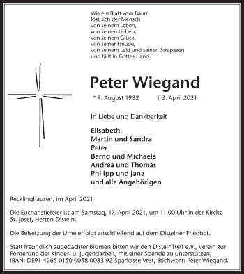 Traueranzeigen von Peter Wiegand | sich-erinnern.de