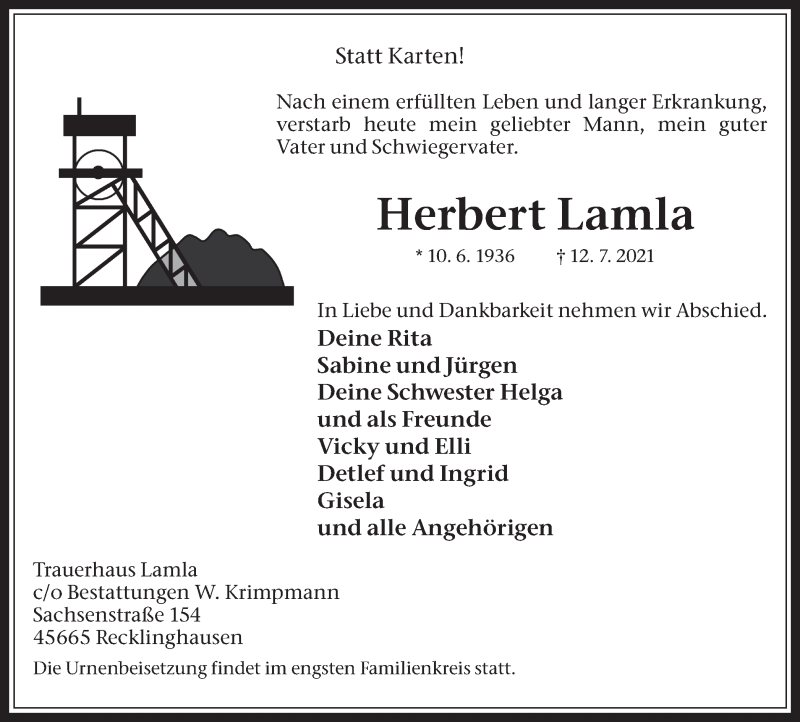Traueranzeigen von Herbert Lamla | sich-erinnern.de